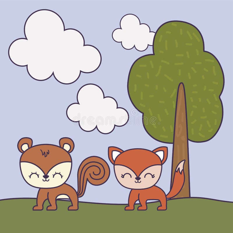 Cute Chipmunk with Fox in Landscape Scene Stock Illustration ...