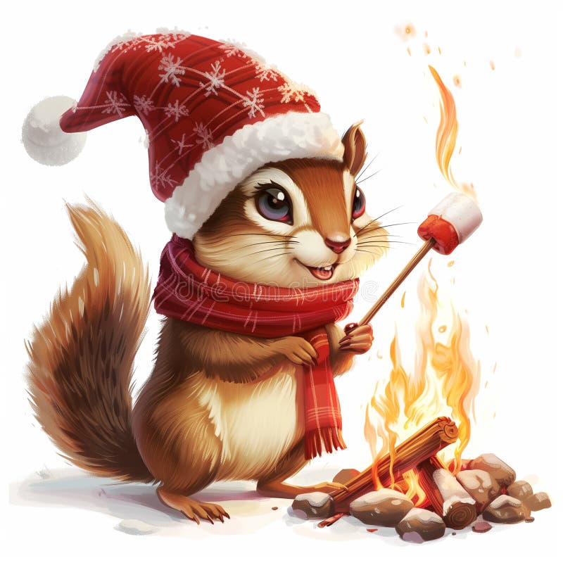 Cute Chipmunk in Santa Claus Hat and Scarf Roasting Marshmallow on ...