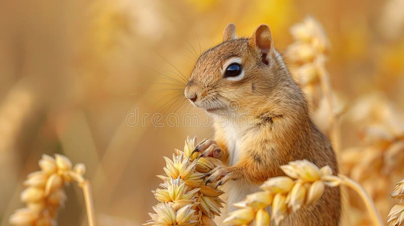 A Cute Chipmunk Stands Upright on a Stalk of Wheat, with Its Head ...