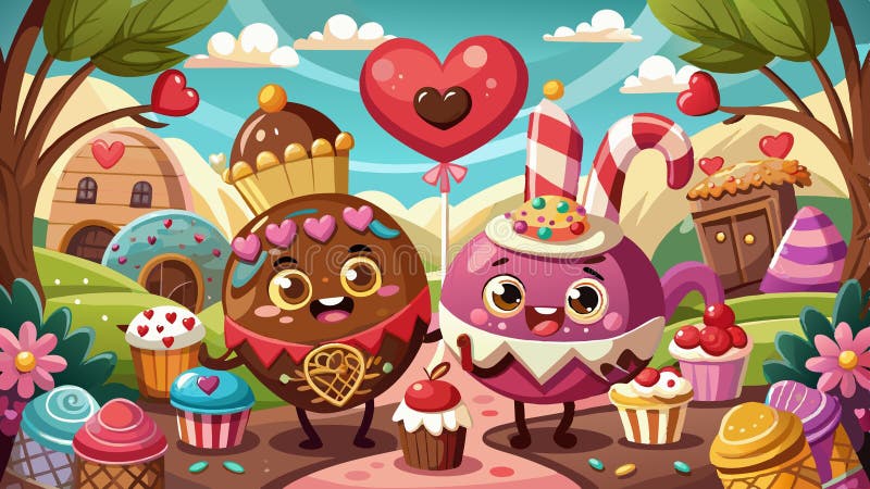Cute Chocolate Candy Characters with Heart-shaped Decorations in a ...