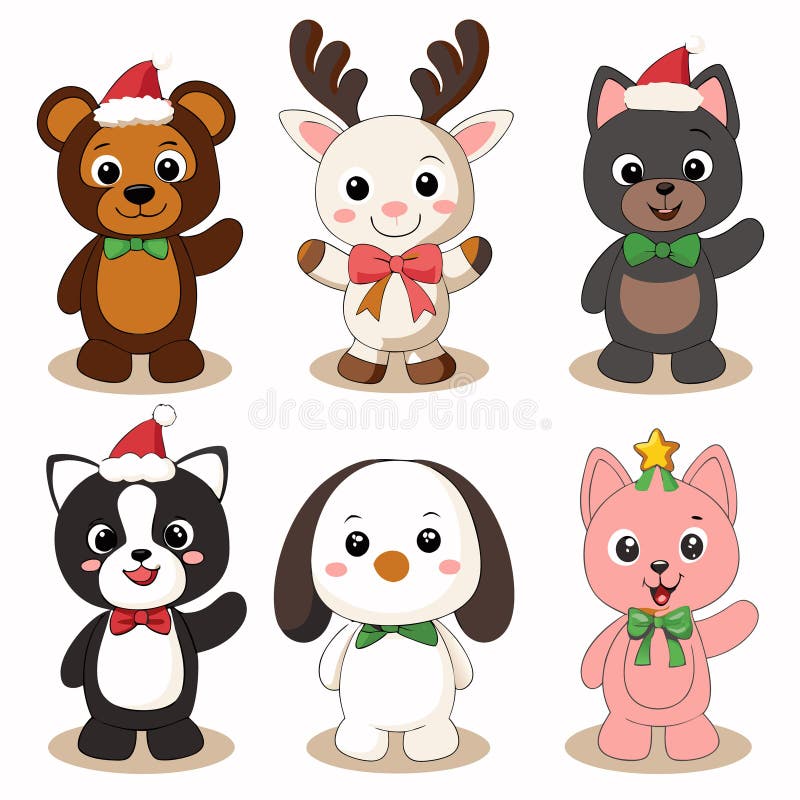 Cute Christmas Animals Cartoon Characters Stock Vector - Illustration ...