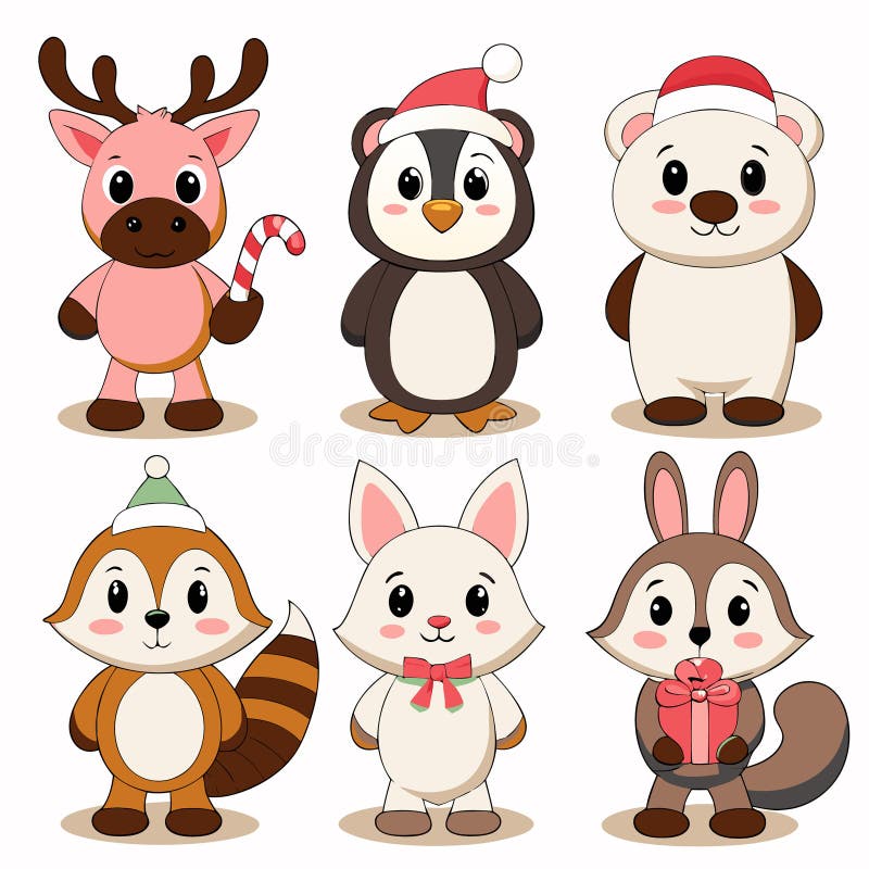Cute Christmas Animals Cartoon Characters. (3 Stock Vector ...