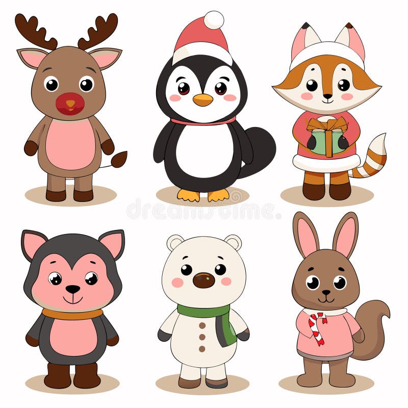 Cute Christmas Animals Cartoon Characters. (6 Stock Vector ...