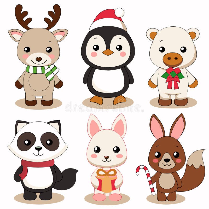 Cute Christmas Animals Cartoon Characters. (9 Stock Illustration ...
