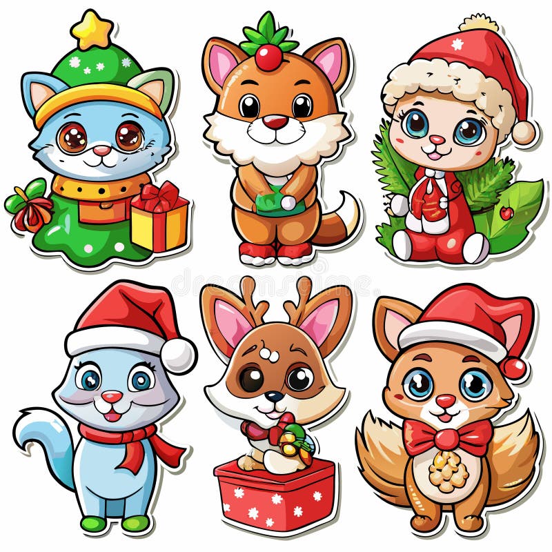 Cute Christmas Animals Cartoon Stickers Stock Vector - Illustration of ...