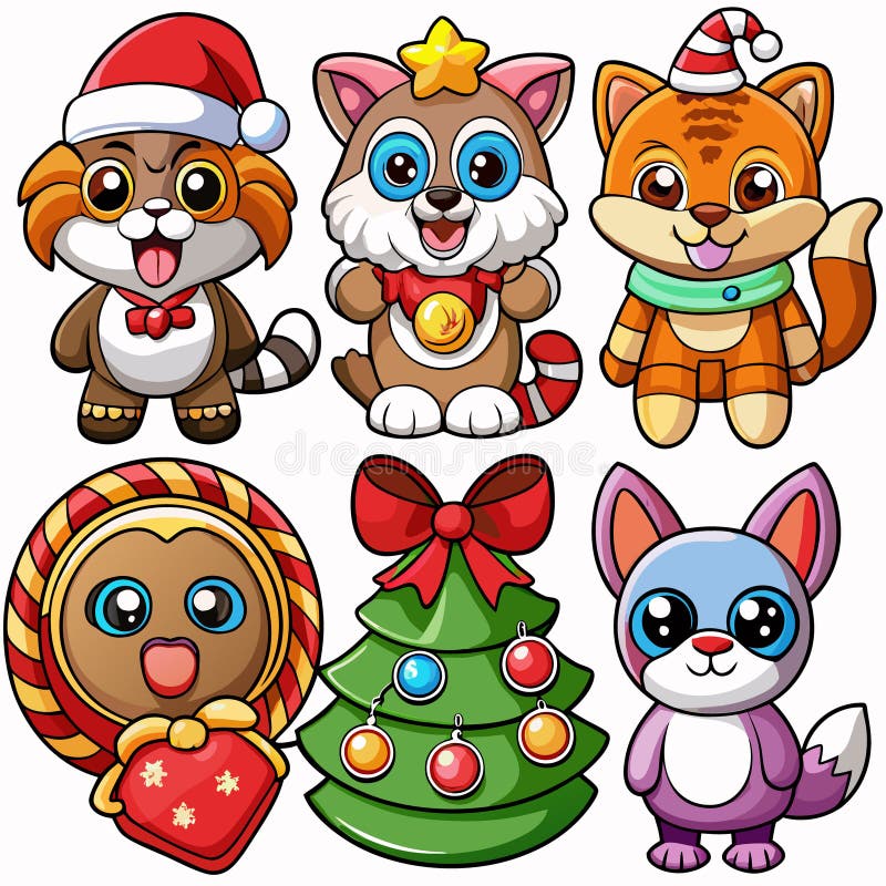 Cute Christmas Animals and Festive Items. (1 Stock Vector ...