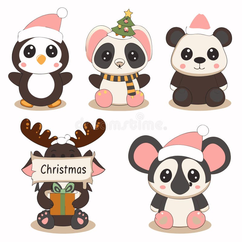 Cute Christmas Animals Penguin, Panda, Reindeer, Mouse Stock Vector ...