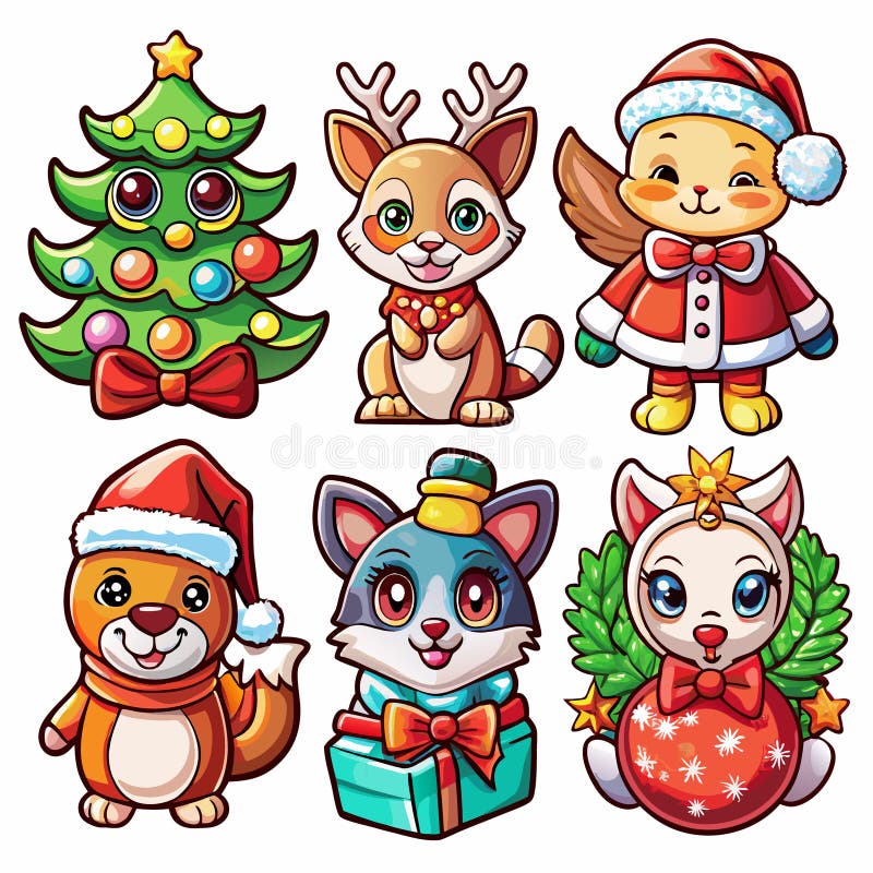 Cute Christmas Animals and Tree Cartoon Characters. (7 Stock Vector ...