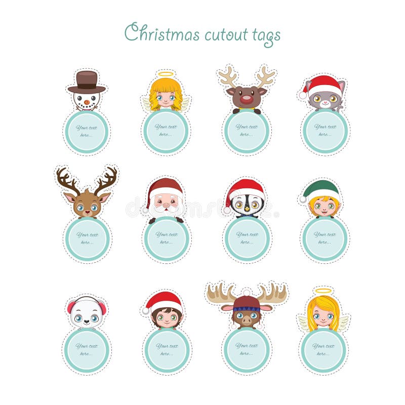 Cute Christmas Characters Holding Present Tags Stock Vector ...