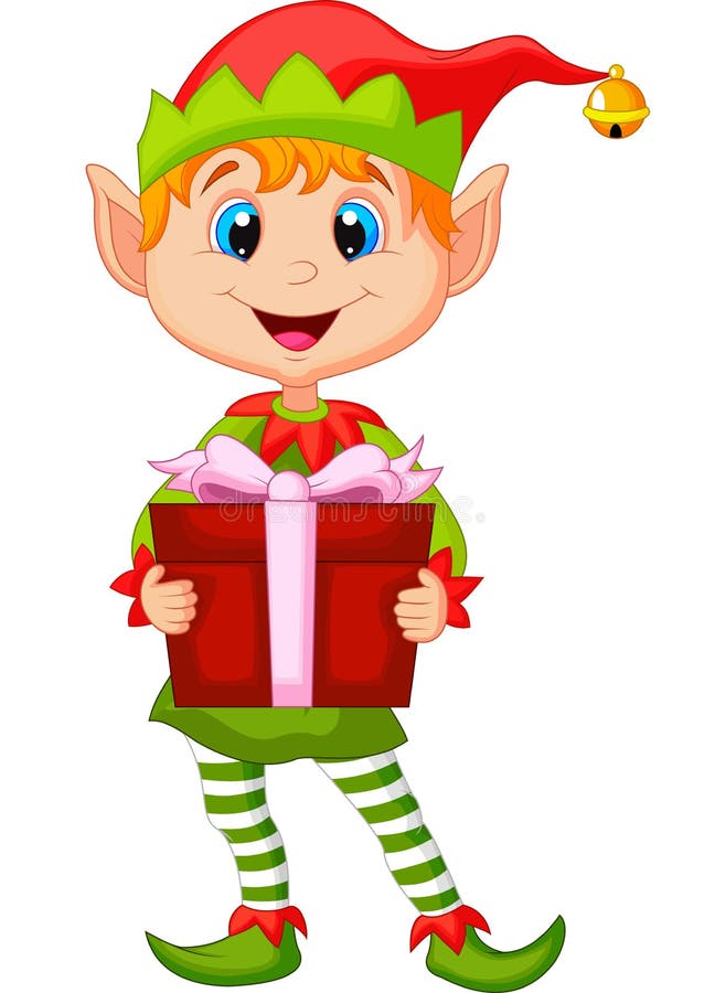 Cute Christmas Elf Cartoon Holding a Gift Stock Vector - Illustration ...