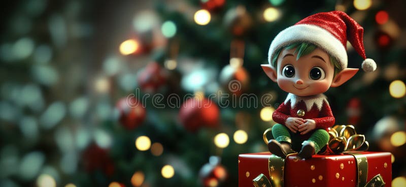 Cute Christmas Elf Character Sitting on Gift Box with Festive ...