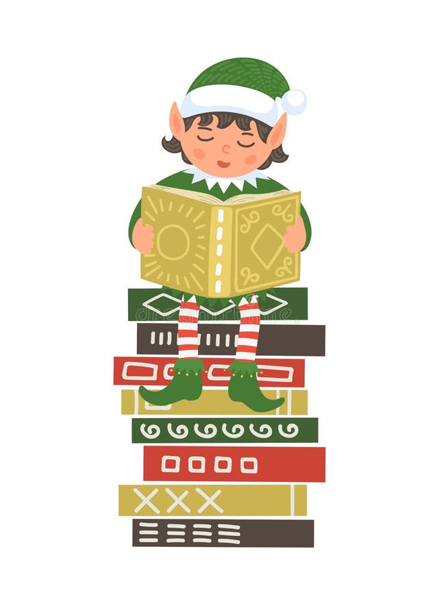 Cute Christmas Elf Reading Book on Stack of Books Stock Vector ...