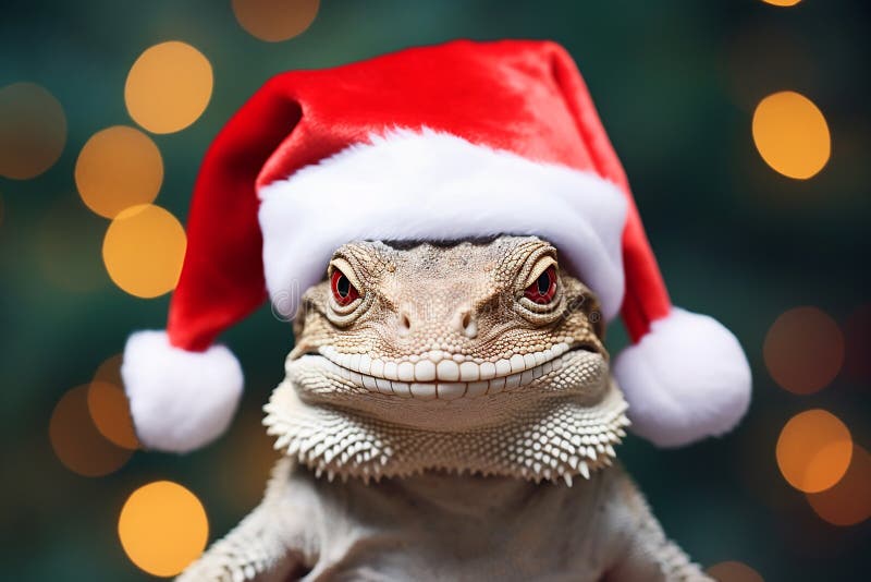 Cute Christmas Funny Lizard in Santa Red Hat Stock Photo - Image of ...