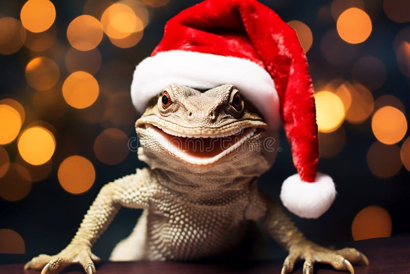 Cute Christmas Funny Lizard in Santa Red Hat Stock Image - Image of ...