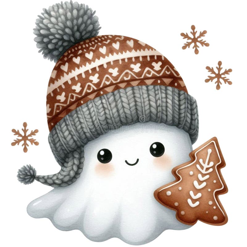 Cute Christmas Ghost with Gingerbread Tree. Holiday Ghost Stock ...