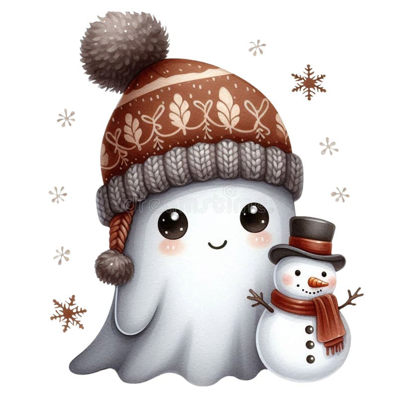 Cute Christmas Ghost with Snowman. Holiday Ghost Stock Illustration ...