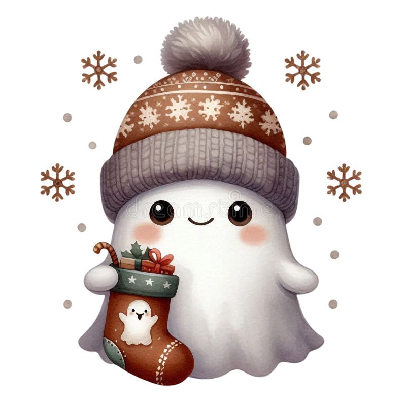 Cute Christmas Ghost with Stocking. Holiday Ghost Stock Illustration ...
