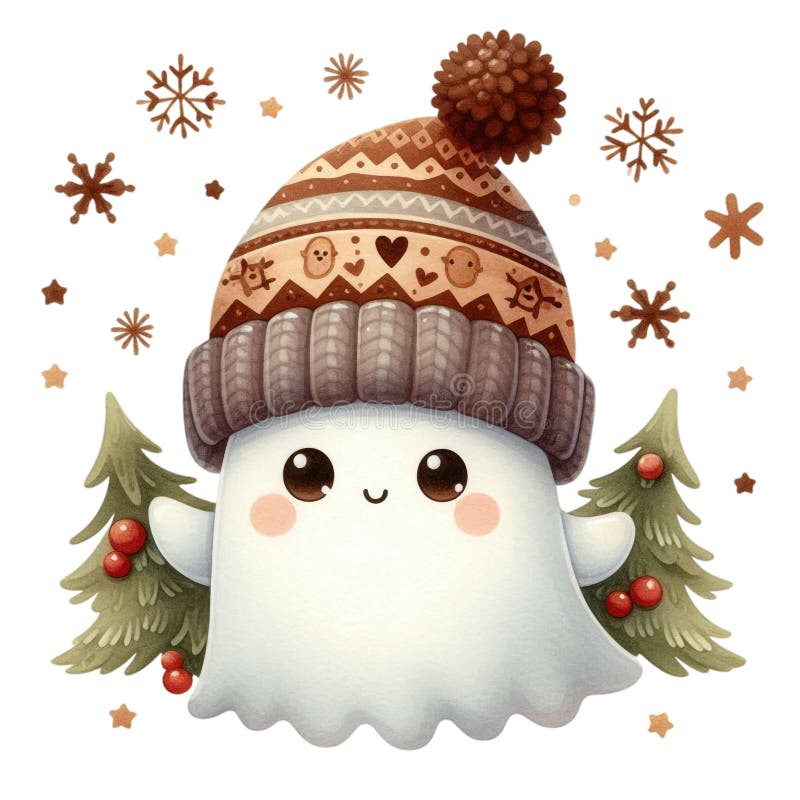 Cute Christmas Ghost with Trees. Holiday Ghost Stock Illustration ...