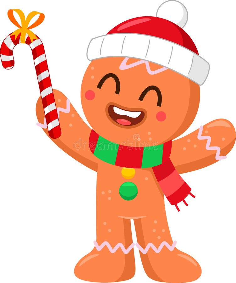 Cute Christmas Gingerbread Man Cartoon Character Holding Up A Candy