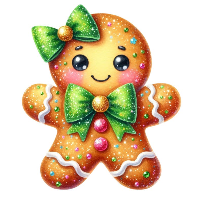 Cute Christmas Girly Gingerbread with Green Coquette Bow Stock ...