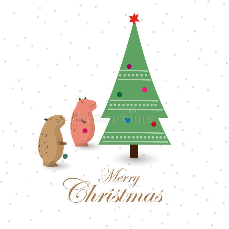 Cute Christmas Greeting Card with Capybaras and Xmas Tree Stock Vector ...