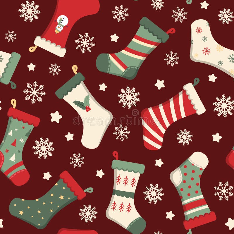 Cute Christmas Holiday Socks on a Red Background. Vector Seamless ...