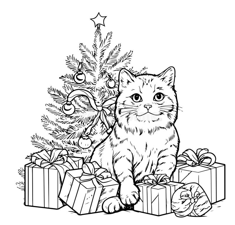 Cute Christmas Kitten with Christmas Tree and Gifts Hand Drawn Sketch ...