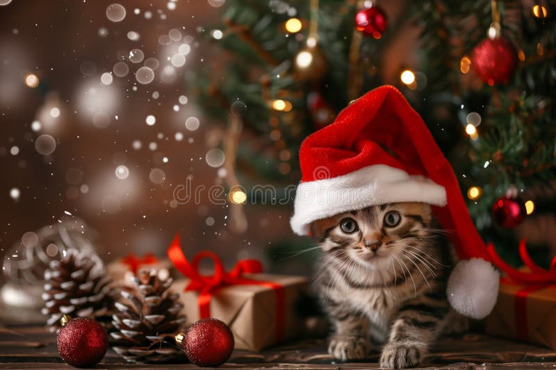 Cute Christmas Kitten Under Christmas Tree Stock Image - Image of ...