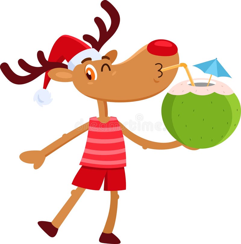 Cute Christmas Reindeer Cartoon Character Drinking Coconut Cocktail On The Beach Stock Vector