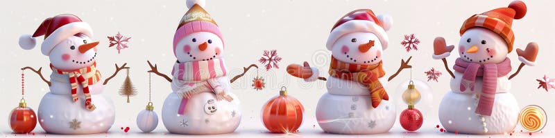 A Cute Christmas-themed Illustration of Four Snowmen with Different ...