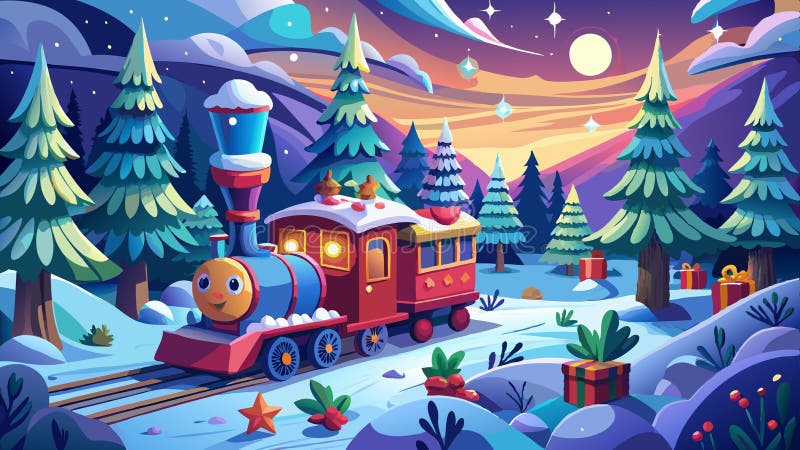 Cute Christmas Train Goes through Fantastic Winter Forest. Stock Vector ...