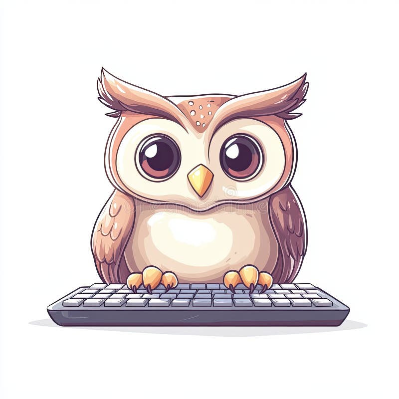 Cute Chubby Owl Typing on Keyboard, Focused on Work and Productivity ...