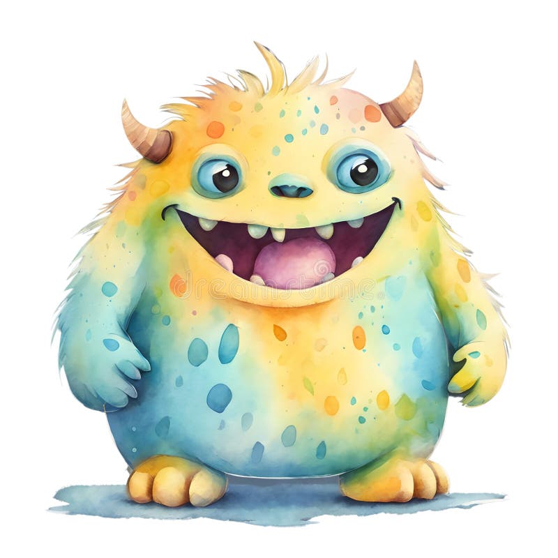 A Delightful Watercolor Illustration of a Cheerful Monster with a ...