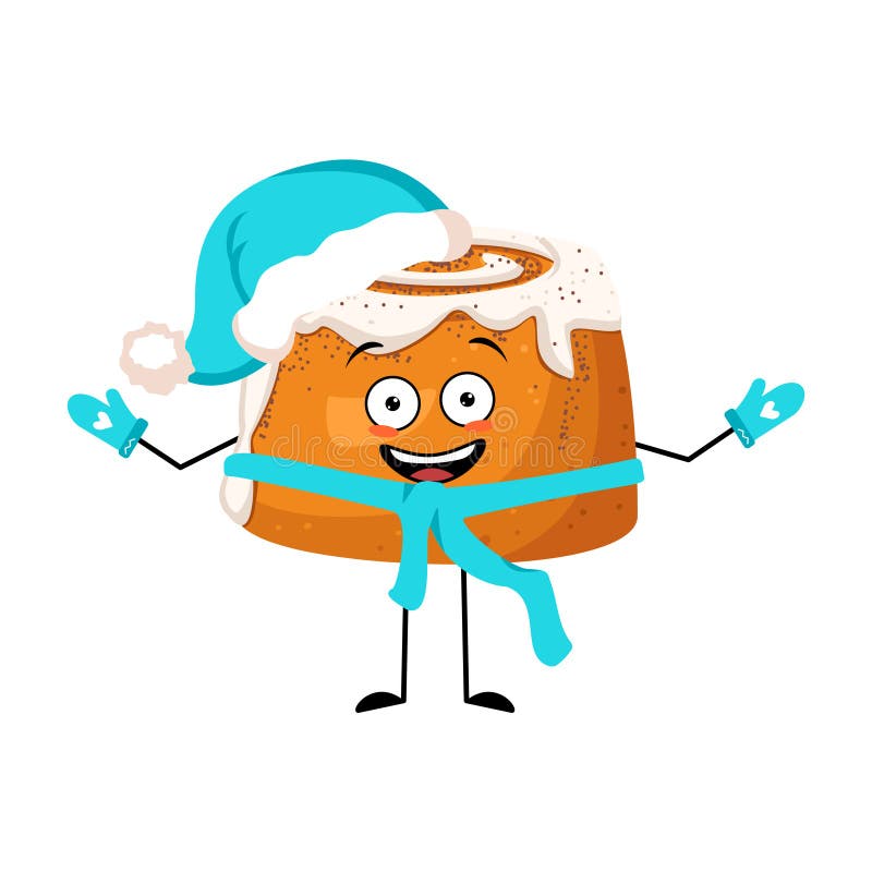 Cute Cinnamon Pastry Bun Character With Joyful Emotions In Santa Hat