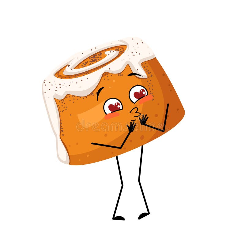 Cute Cinnamon Pastry Bun Character With Love Emotions Smile Face Arms