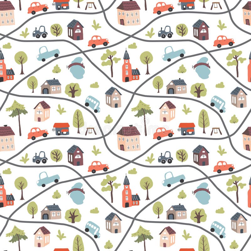 Cute City Map Seamless Pattern, Cartoon Town Landscape Background ...