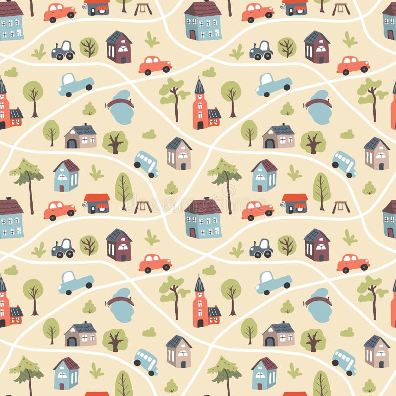 Cute City Map Seamless Pattern, Cartoon Town Landscape Background ...