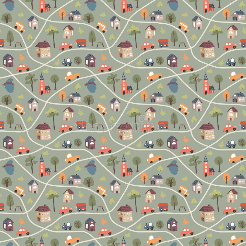 Cute City Map Seamless Pattern, Cartoon Town Landscape Background ...