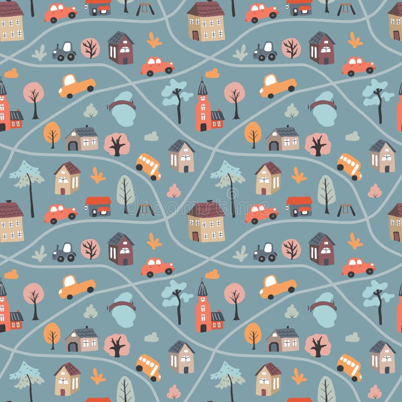 Cute City Map Seamless Pattern, Cartoon Town Landscape Background ...