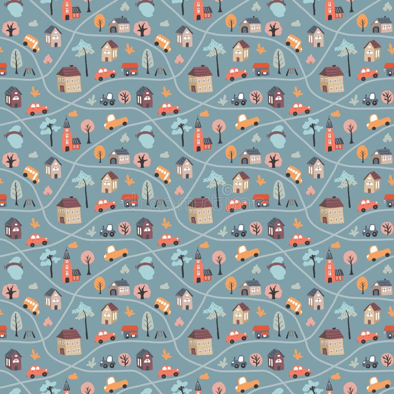 Cute City Map Seamless Pattern, Cartoon Town Landscape Background ...