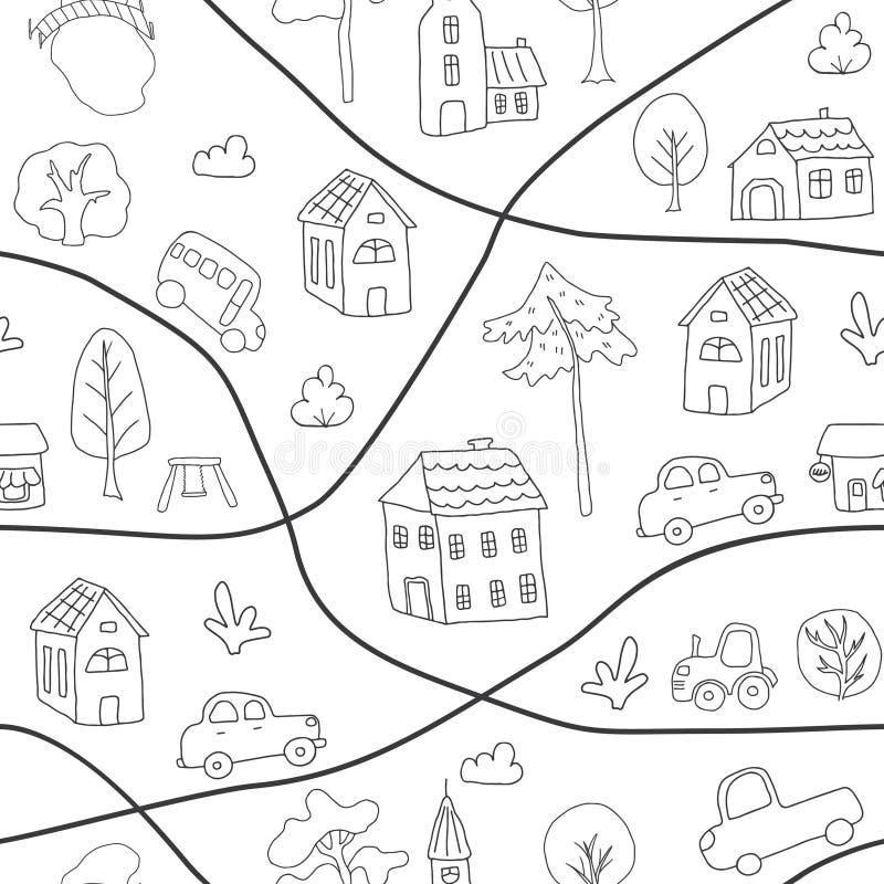 Cute City Map Seamless Pattern, Cartoon Town Landscape Background ...