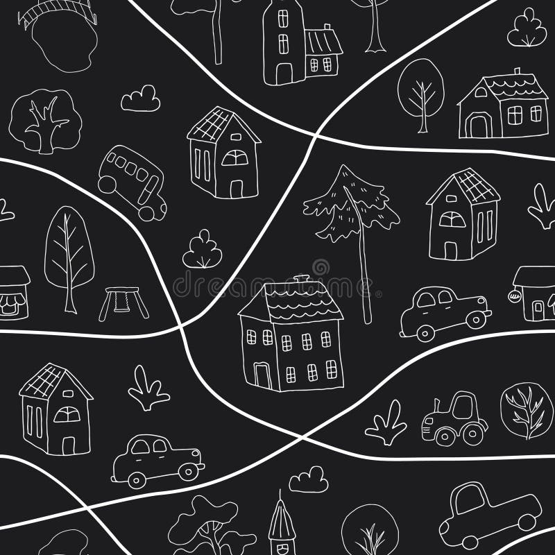 Cute City Map Seamless Pattern, Cartoon Town Landscape Background ...