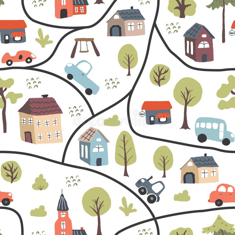 Cute City Map Seamless Pattern, Cartoon Town Landscape Background ...