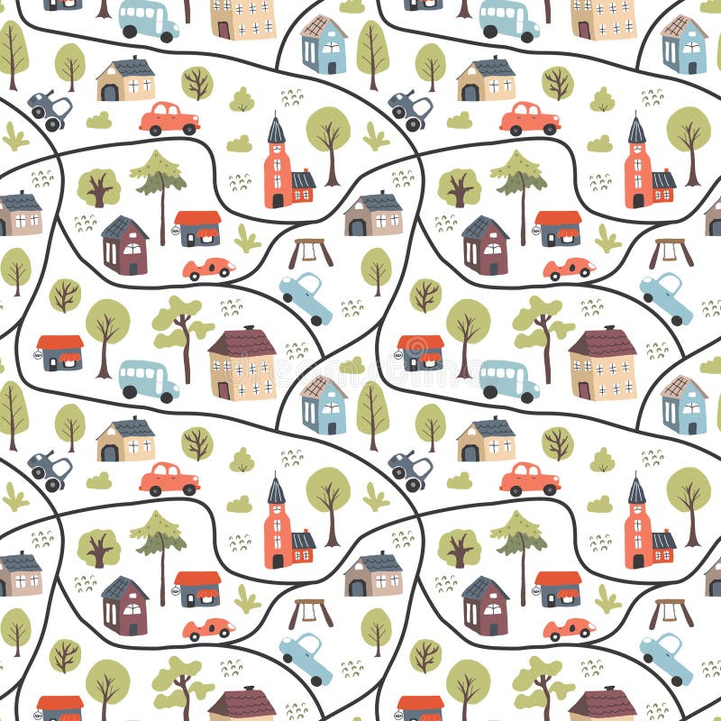 Cute City Map Seamless Pattern, Cartoon Town Landscape Background ...