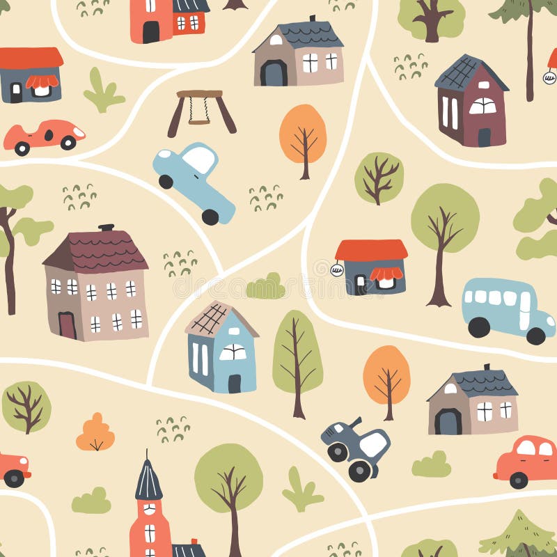 Cute City Map Seamless Pattern, Cartoon Town Landscape Background ...