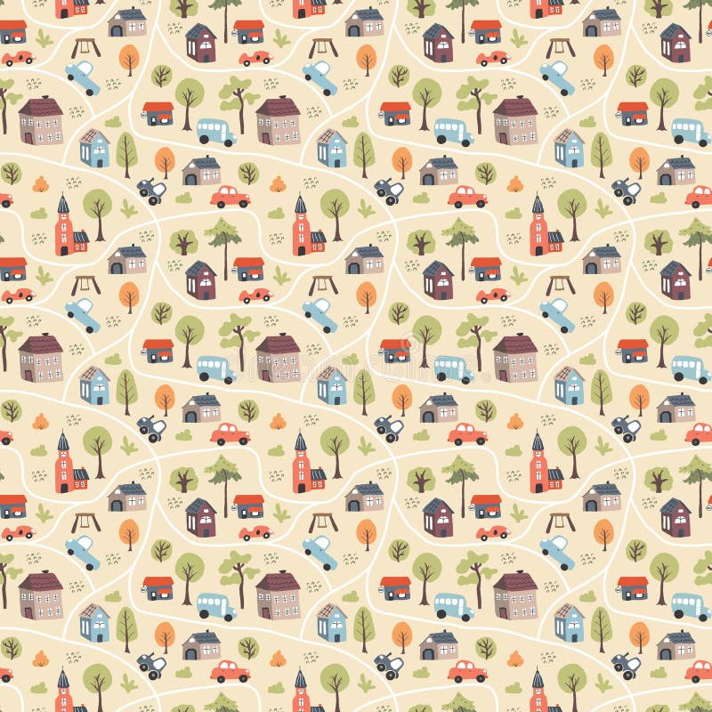 Cute City Map Seamless Pattern, Cartoon Town Landscape Background ...