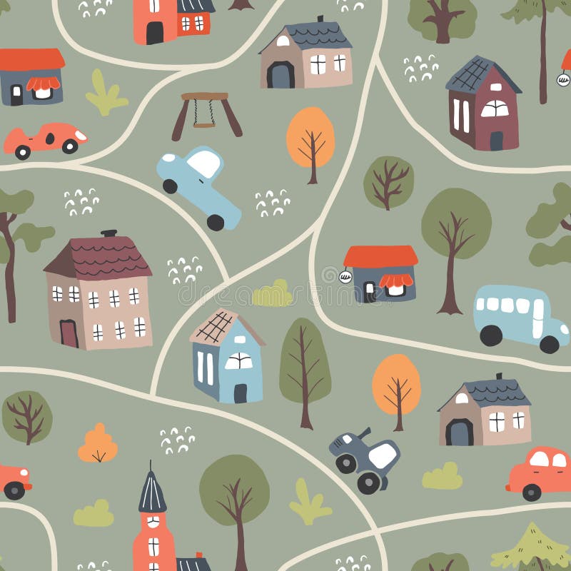 Cute City Map Seamless Pattern, Cartoon Town Landscape Background ...