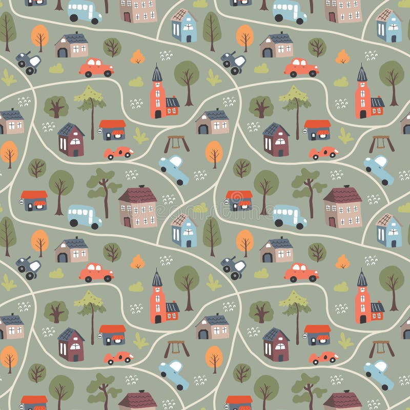Cute City Map Seamless Pattern, Cartoon Town Landscape Background ...