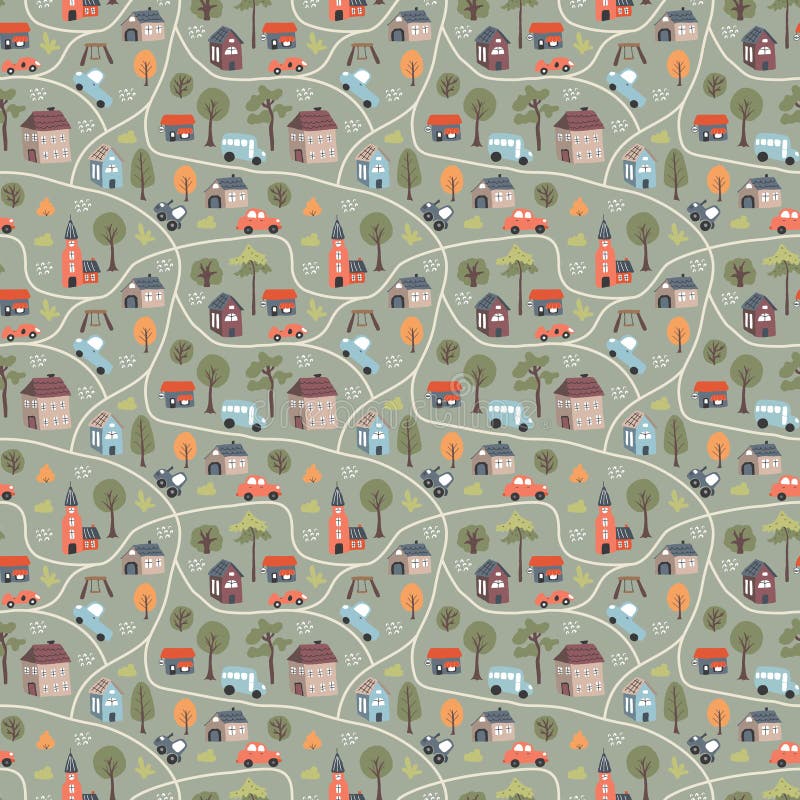 Cute City Map Seamless Pattern, Cartoon Town Landscape Background ...