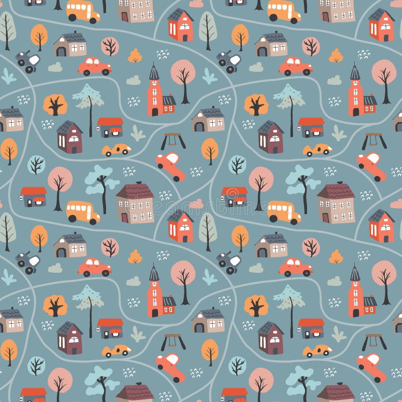 Cute City Map Seamless Pattern, Cartoon Town Landscape Background ...